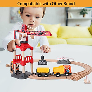 Winb Wooden Train Tracks 70pcs & Construction site Wooden Train Track, Gift Packed Toy Railway Kits for Kids, Toddler Boys and Girls Premium Wood Construction Toys-Fits 70pcs