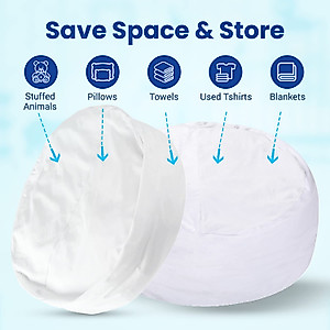 Cheer Collection Oversized Storage Bag, Kids Plush Toy Storage Organizer and Bean Bag Chair with Handle, Microplush Zippered Bag for Organizing Stuffed Animals - White