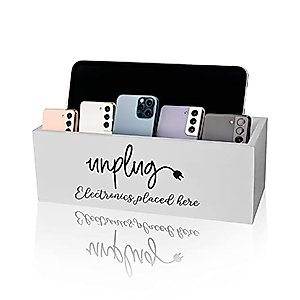 CHONIC Unplug Box, Farmhouse Style Be Present Phone Box, Cell Phone Basket for Home, Wood Mobile Phone Jail, Family Time Out Charging Station for Phone Tablet Electronics Holder (White)
