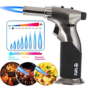 Butane Torch, Premium Double Flame Big Kitchen Torch Lighters with Safety Lock Adjustable Refillable Multipurpose Culinary Blow Torch for Creme Brulee, Baking, BBQ (Butane Gas Not Included) (black)