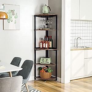 Tribesigns Corner Shelf with Glass Holder, 5 Tier Corner Bookshelf Small Bookcase Wine Bar Cabinet with Storage Display Rack for Living Room, Kitchen, Dining Room, Rustic Brown