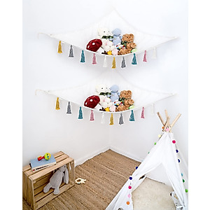 Mkono Stuffed Animal Toys Hammock Boho Hanging Stuff Animals Storage Organizer with Decorative Tassels Corner Large Capability Toy Net Holder for Nursery Playroom Kid's Room Bedroom, 2 Pieces, Large