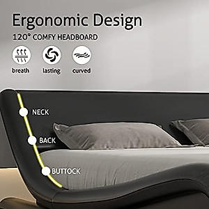 SHA CERLIN Queen Size Bed Frame Luxury Wave-Like Modern Upholstered Low Profile Platform Bed, Faux Leather Sleigh Bed with Adjustable Headboard, No Box Spring Needed, Black