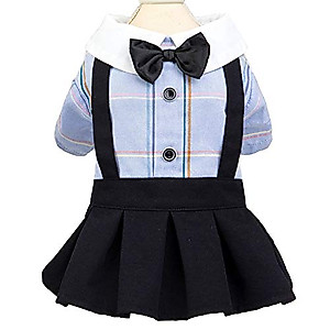 HOODDEAL Dog Striped Shirt Cozy Soft Blue Black Overalls Dress with Bowtie Cute Stylish Puppy Christmas Costumes Outfits (M)