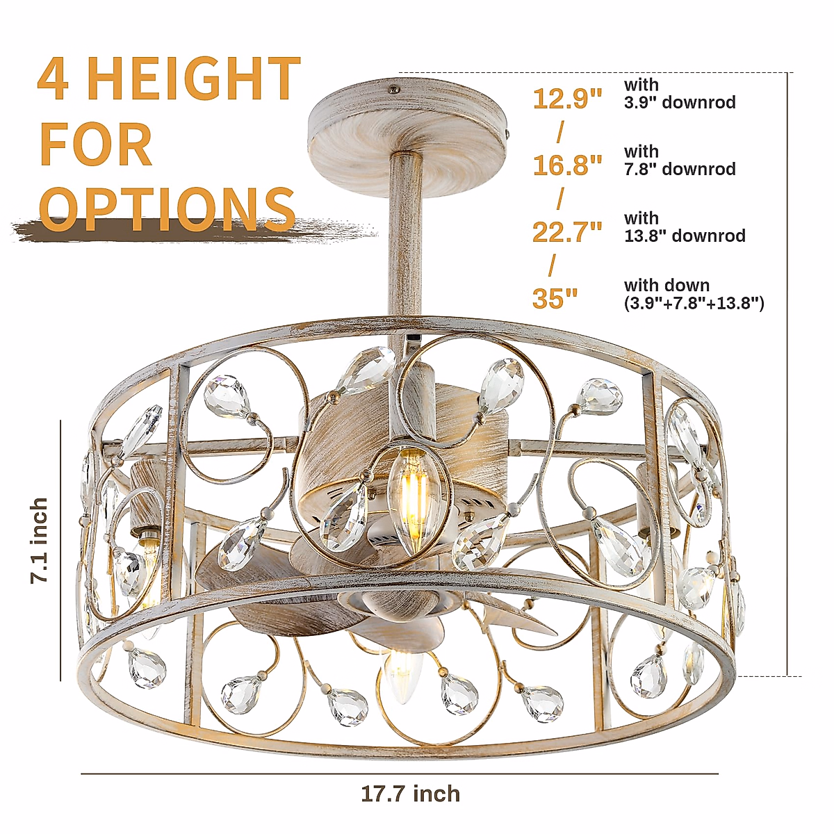 COCOSTAR Retro-white Ceiling Fans with Lights, Vintage Caged Ceiling Fan with Crystals, White Chandelier Fan with Crystals for Dining Room, 3 Downrods, 3 Speed, Timer and E12*5 Bulb Included