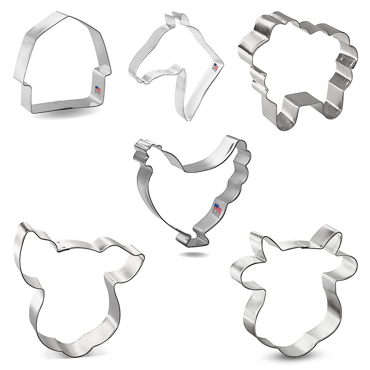 Barnyard Cookie Cutter Set 6 Pc - Fluffy Sheep 3.75 in, Chicken 3.75 in, Horse Head 3.5 in, Barn 3 in, Cow Face 4.25 in, Pig Face 4.25 in - Foose Cookie Cutters - USA Tin Plated Steel