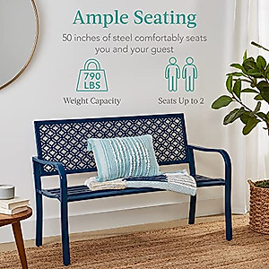 Best Choice Products Outdoor Bench 2-Person Metal Steel Benches Furniture for Garden, Patio, Porch, Entryway w/Geometric Backrest, 790lb Capacity - Peacock Blue