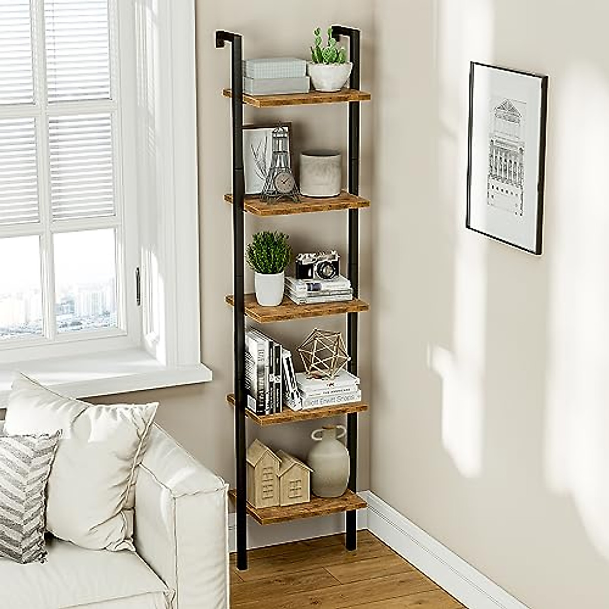 NUMENN Industrial Ladder Shelf, 5 Tier Book Shelf, Open Space Wall Mount Bookshelf with Metal Frame, Sturdy Book Shelves, Bookcase for Living Room, Home Office Shelf, Vintage Brown