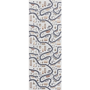 Hauteloom Mave Boys Room, Kids Room, Playroom Machine Washable Area Rug - Road Traffic Car City Carpet - Gray, Cream, Beige, Black - 5'3" x 7'