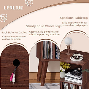 Lerliuo Record Player Stand, Walnut Turntable Stand Holds up to 160 Albums, Mid-Century Vinyl Storage Cabinet Table with Solid Wood Legs, Record Player Holder Dispaly Shelf for Bedroom Living Room