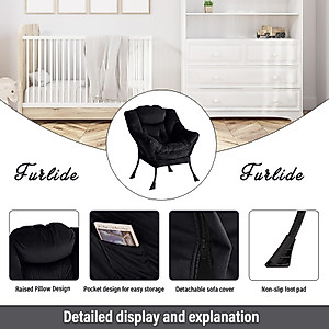 Furlide Lazy Chair with Ottoman, Modern Chair with Folding Footrest, Lounge Accent Chair, Comfortable Reading Chair, Oversized Armchairs for Bedroom, Study, Living Room, Courtyard (Black)