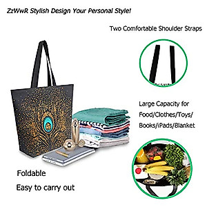 ZzWwR Beautiful Gold Sparkling Peacock Feather Extra Large Canvas Shoulder Tote Top Handle Bag for Gym Beach Travel Shopping