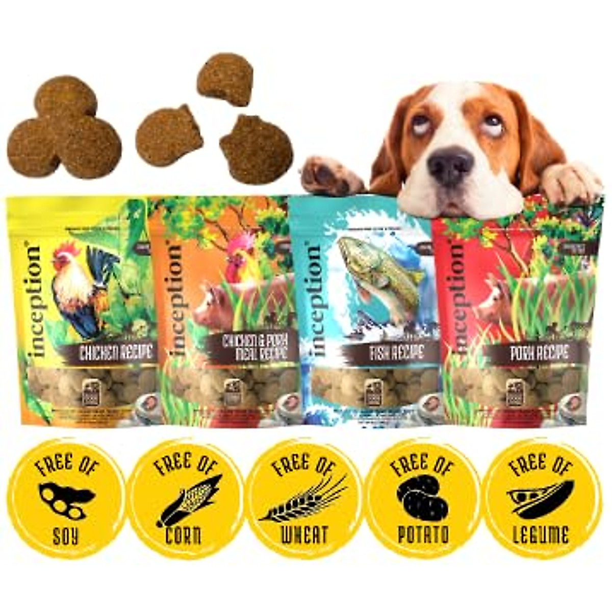 Felicia's Fabulous Finds Inception Soft & Chewy Dog Treats in 4 Flavor Bundle: 1 Chicken, 1 Fish, 1 Pork and 1 Chicken & Pork (4 Bags Total, 4 Ounces Each) Plus Shaynanigans Silicone Lid