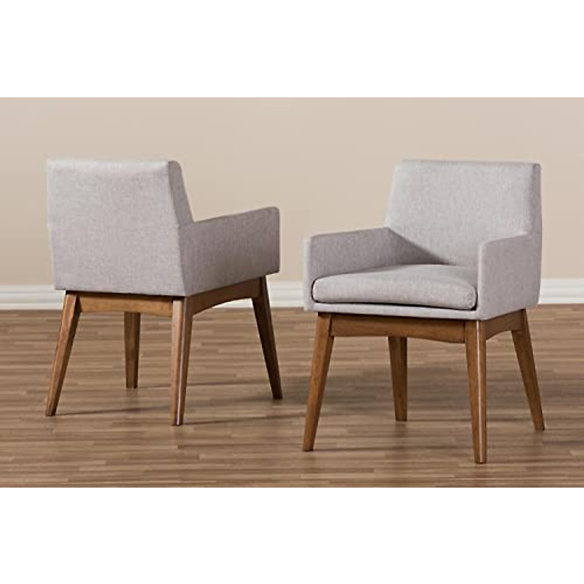 Baxton Studio Nexus Mid-Century Modern Walnut Wood Finishing Greyish Beige Fabric Dining Armchair