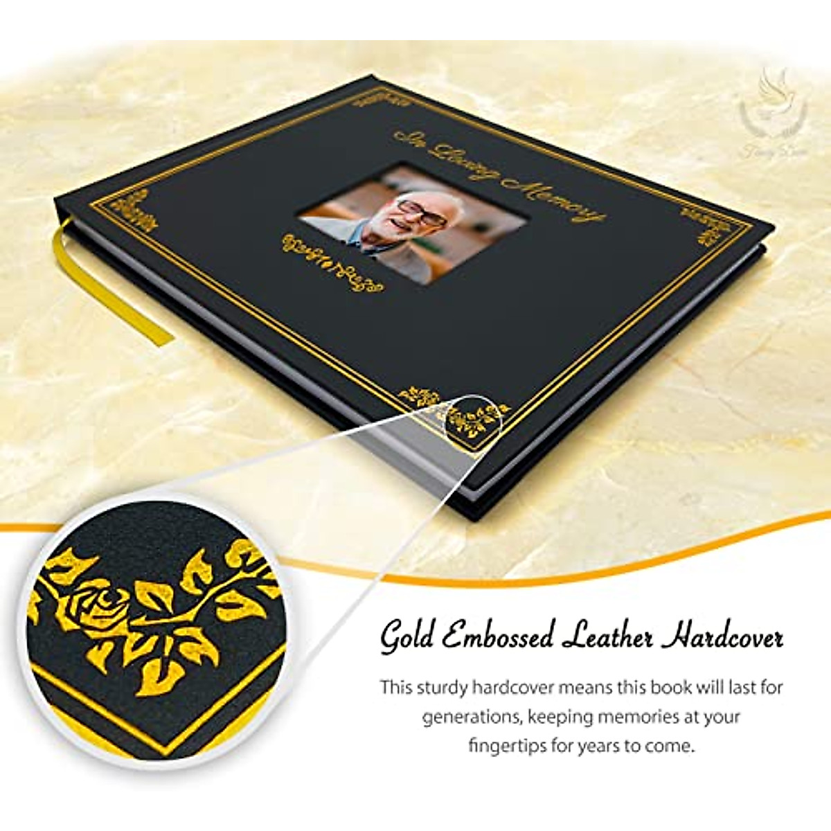 Fancy Dove Funeral Guest Book with Picture Pocket. Celebration of Life Sign in Book with Gold Embossed Leather Hardcover. Signature and Memory Book with 124 Pages