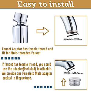 SNUTUYA Swivel faucet aerator（Heavy ）, Dual-function 2-Flow Sprayer Faucet Head, 360° large Angle Swivel kitchen sink aerator,kitchen 55/64 inch female thread faucet extender, Sink Aerator Chrome