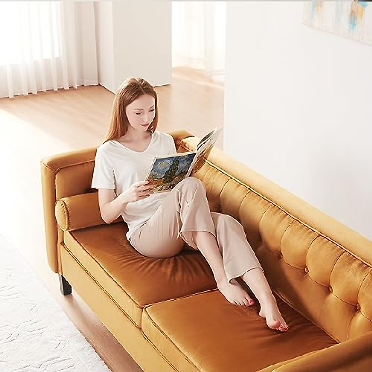 WILLOVE 58" Mid-Century Modern Velvet Sofa, 2 Seater Couch with Comfy Deep Seats, Small Loveseat Couch for Living Room Furniture with Two Throw Pillows, Easy to Install (Ginger)