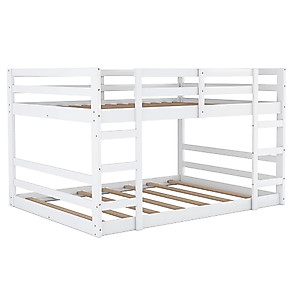 Prohon Twin Over Twin Bunk Bed for Kids Teens, Low Bunk Bed with Ladder and Guard Rail, Space Saving Bunkbed Solid Wood Slats Support No Box Spring Needed, Gray