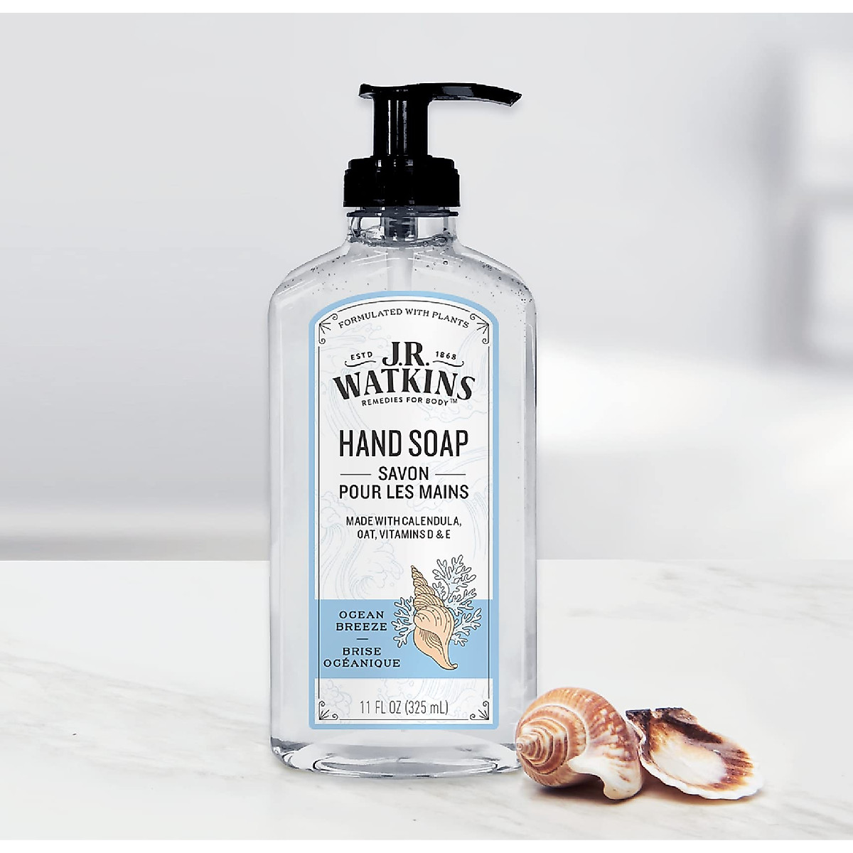 J.R. Watkins Gel Hand Soap With Dispenser, Moisturizing Hand Wash, All Natural, Alcohol-Free, Cruelty-Free, USA Made, Ocean Breeze, 11 Fl Oz, 3 Pack