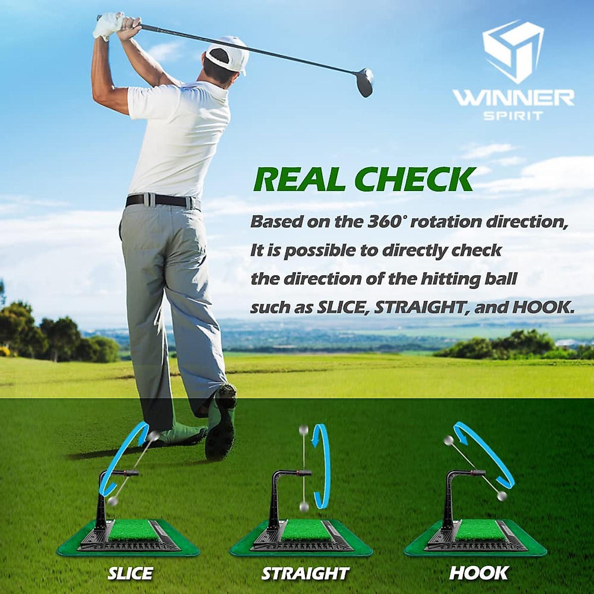 WINNER SPIRIT Real Swing 300 Golf Swing & Hitting Trainer, True Impact, Checking Path After Swing Practice Mat Groover Training Aid, Height Adjustable (Real Swing 300)