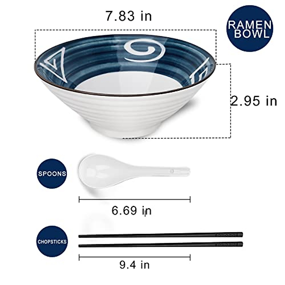 CYSNATU Japanese Ramen Bowl, Ceramic Ramen Bowls Set of 2, 34oz Large Ramen Bowl Noodle, Ramen Bowl with Chopsticks and Spoon(Blue and White)