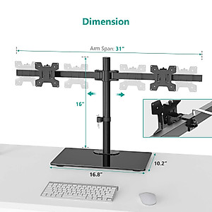 WALI Free Standing Dual Monitor Stand, Height Adjustable Monitor Mount with Glass Base, Fits LCD LED Flat Curved Screen up to 27 inch, 22lbs, with Grommet Base (GMF002)