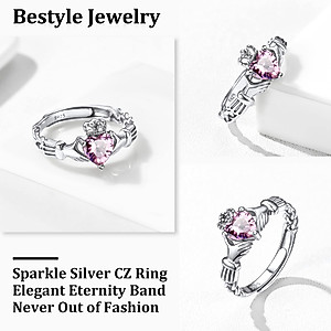 Bestyle Infinity Love Celtic Claddagh Rings for Women October Pink Tourmaline Gemstone Celtic Claddagh Rings with Sparkling Cubic Zirconia, Brilliant Love Heart Diamond Halo Rings