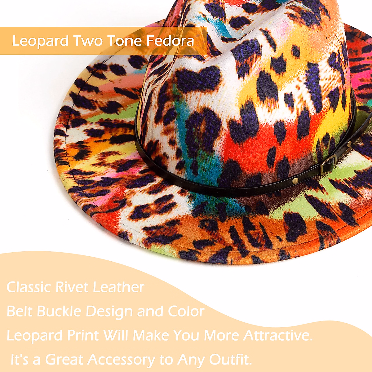 Gossifan Women Two Tone Wide Brim Fedora Felt Panama Hats Classic Belt Buckle Color Leopard/Black