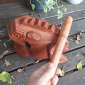 Cozinest Extra Large 9" Wood Frog Guiro Rasp Percussion Instrument Tone Block Wooden Good Luck Frog Animal Shaped Figurine Handcraft Musical Instruments from Thailand Home Office Decoration (Tan)