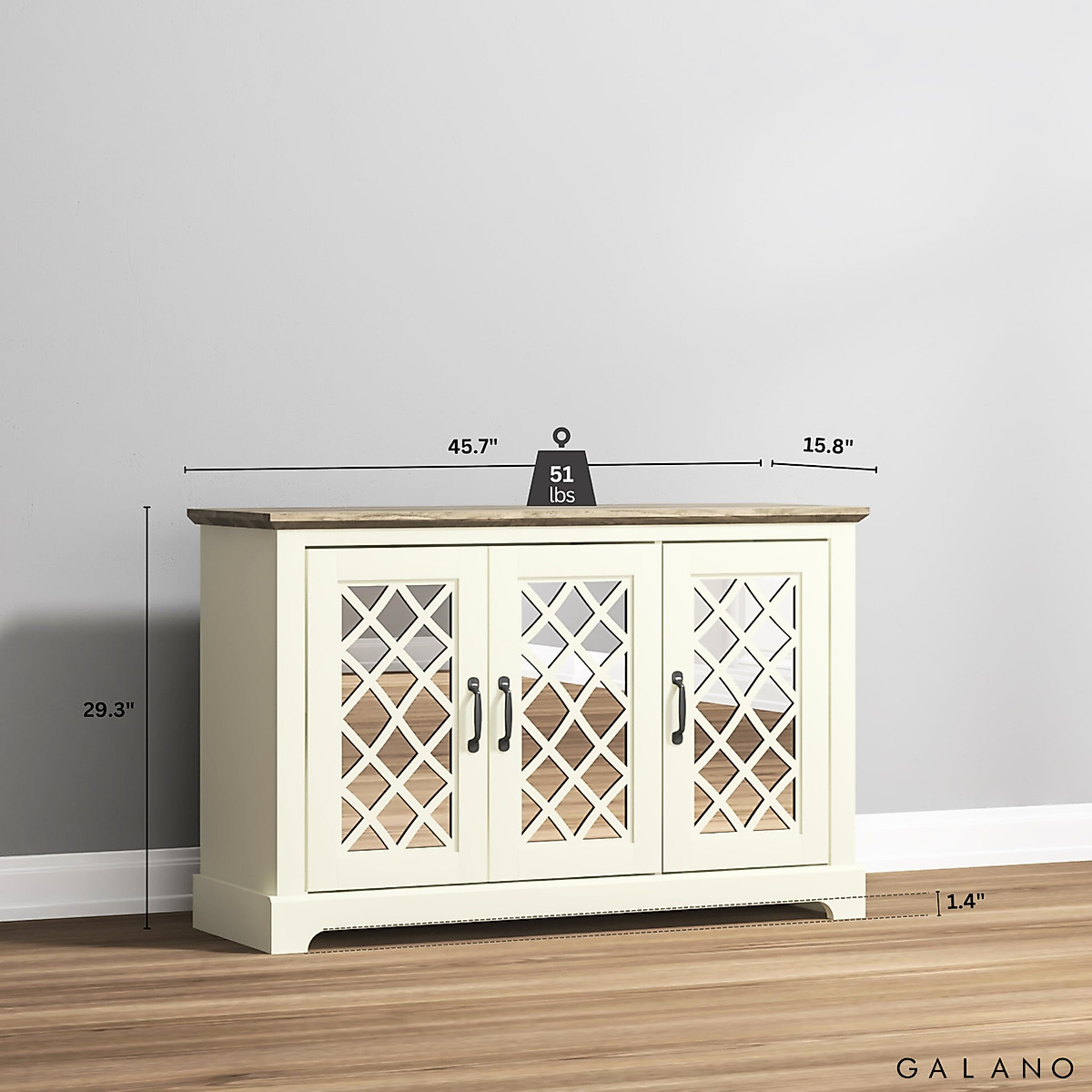 Galano Millicent 3 Door Sideboard with Acrylic Mirrors, Kitchen Buffet Cabinet, Farmhouse Coffee Bar Display Cabinet for Home Kitchen, Living Room, Dining Room and Hallway, Ivory Knotty Grey Oak