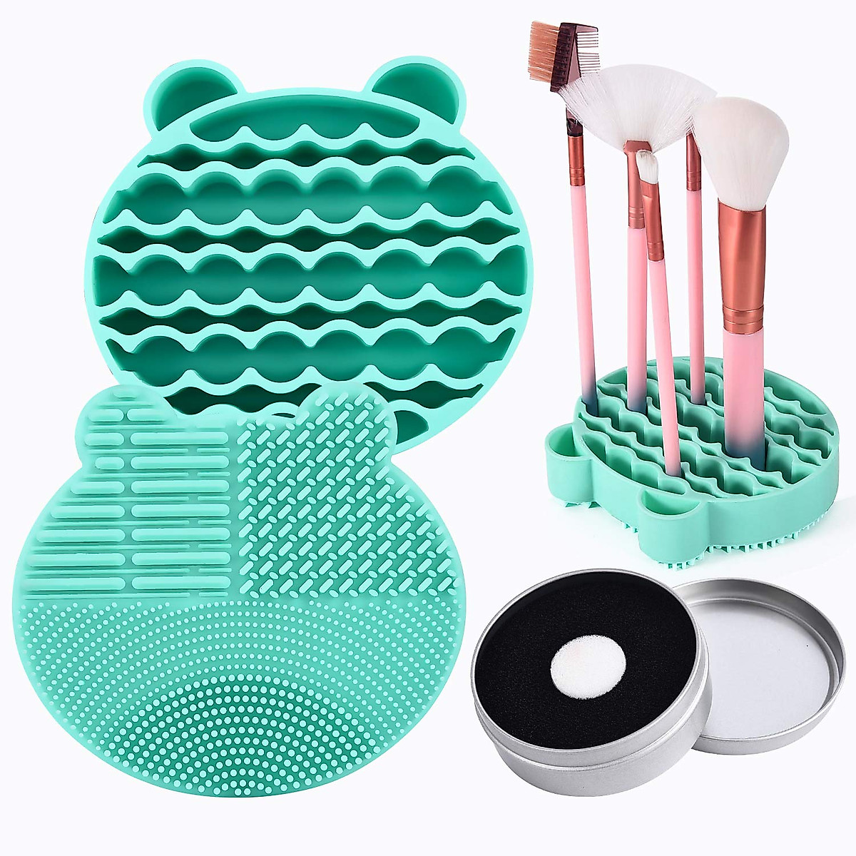 Silicon Makeup Brush Cleaner Mat with Brush Drying manual Make up brush cleaner cleanser machine Cosmetic Brush Cleaning Pad+Makeup Brush Dry Cleaned Quick Color Removal Sponge Scrubber Tool(Green)