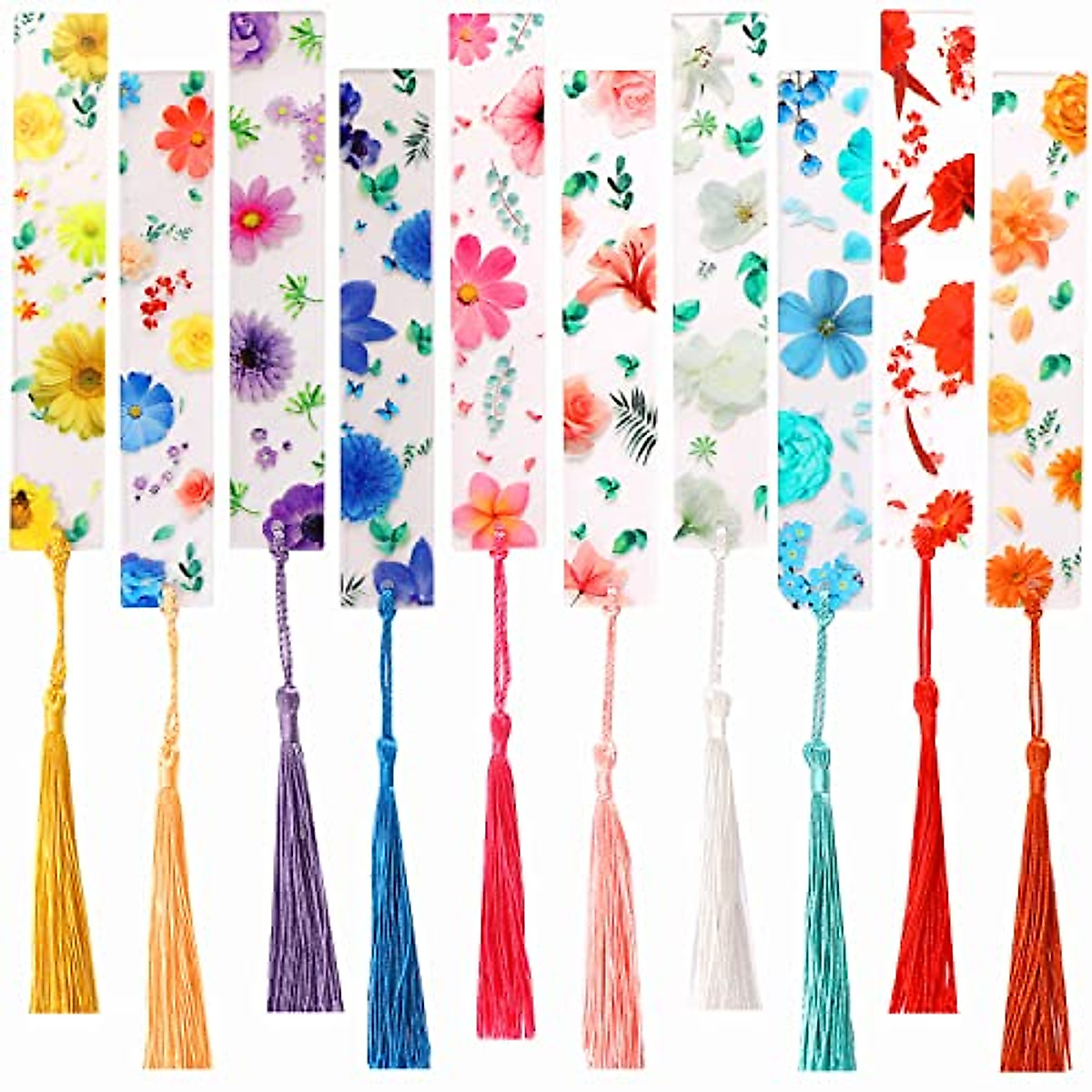 10 PCS Flower Resin Bookmarks Clear Floral Bookmarks Cute Bookmarks Dried Flower Page Marker with Tassels for Book Lovers Reader Teachers Students Women