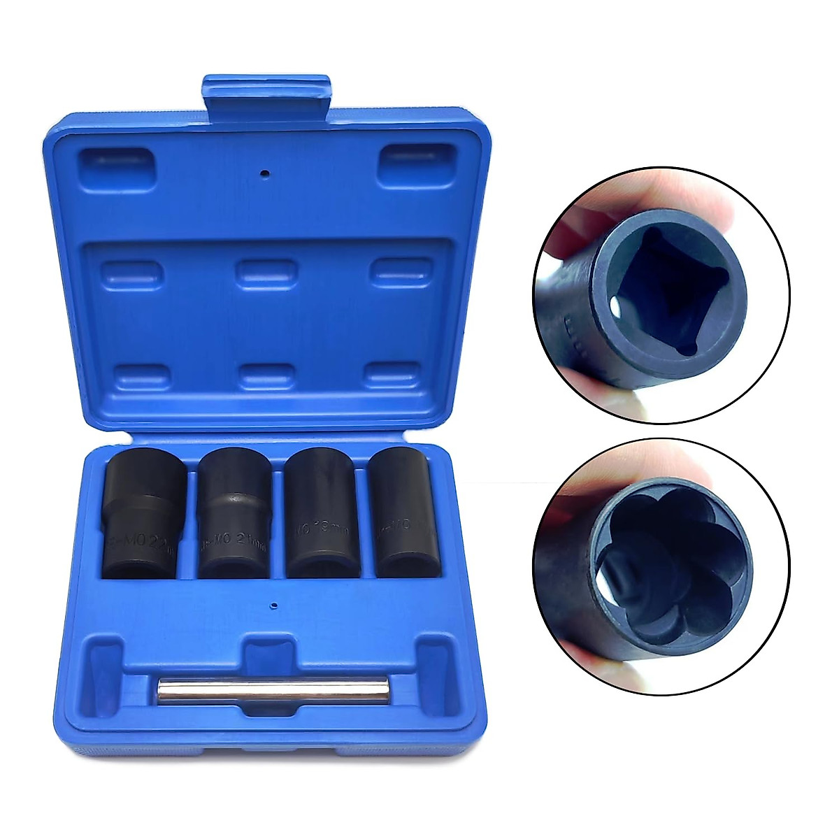 JEUCLEL 5PCS Twist Lug Nut Socket Set - 1/2 inch Drive Damaged Nut Lock Remover Extractor - Rusted & Strip & Stripped & Stuck Locking Nut Removal Tool Kit with 17mm 19mm 21mm 22mm Sockets