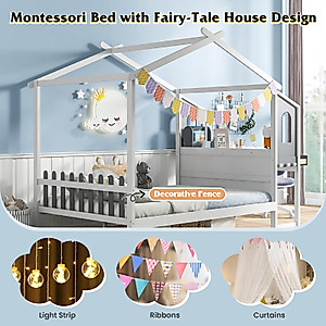 KOMFOTT Full House Bed with Desk, Wood Montessori Bed Frame with House Roof Canopy, 2 Drawers, Modern Playhouse Bed with Fence for Kids, Teens, Girls & Boys, No Box Spring Needed, White & Gray