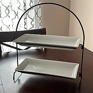 ONEMORE 2-Tier Large Serving Tray, Collapsible Arch Food Display Two Tiered Tray Stand with Rectangular Ceramic Platters Perfect for Parties and Entertaining - Bright White