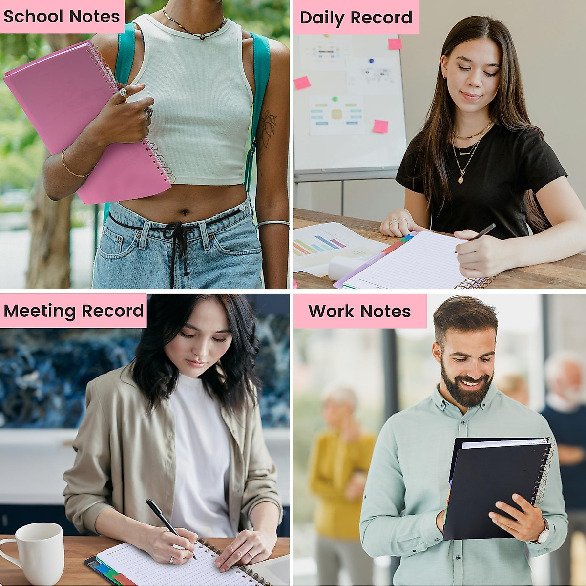 CAGIE 5 Subject Notebook College Ruled with Removable Tabs, 8.5'' x 11'' Lined Spiral Journals Notebook for Women Men Writing, Notebooks for Work Note Taking School Supplies, Pink