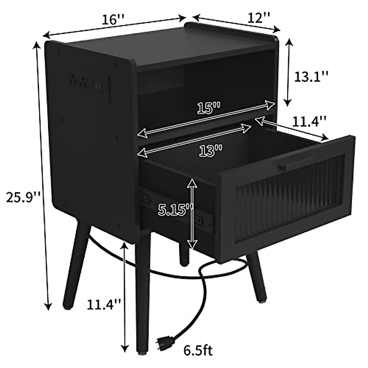 SOOWERY Mid Century Modern Nightstand with Charging Station, Bedside Tables with Glass Drawer, End Table Side Table with 2 Tiers Storage Space, for Bedroom, Living Room, Black