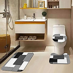 Tayney Grey Geometric Shower Curtain Sets with Toilet Lid Cover and Non-Slip Rugs for Bathroom, Black White Checkered 4 Pcs Shower Curtain Set, Modern Abstract Bathroom Set with 12 Hooks