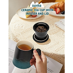 suyika Tea Cup with Infuser and Lid, 15.2 Ounce Wood Handle Ceramic Loose Leaf Tea Mug,Embossed Tea Steeping Mug for Gifts, Gradient Black&Green 450ml