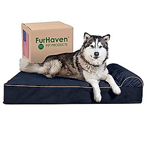 Furhaven Orthopedic Dog Bed for Extra Large Dogs w/ Bonus Water-Resistant Liner & Removable Washable Cover, For Dogs Up to 300 lbs - Goliath Quilted Faux Fur & Velvet Bolster Chaise - Dark Blue, 3XL