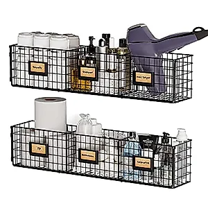 Wall35 Amalfi Bathroom Organizer Over The Toilet Storage Basket Set of 2, Hair Tools Organize Baskets, Black Wire Basket