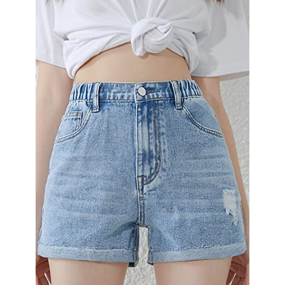 SweatyRocks Girl's Elastic Waist Ripped Jean Shorts Roll Up Hem Straight Leg Hot Pants Denim Shorts Light Wash 12-13Y