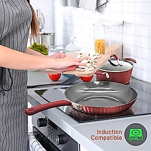 NutriChef Non-Stick Kitchenware Pots & Pans, Gray Inside & Red Outside, Metal + Silicone Handle, PTFE/PFOA/PFOS Free NCCW11RDL, 11 Pcs. Stylish Kitchen Cookware Set w/Elegant Lines Pattern
