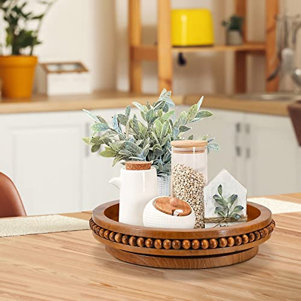 Farmhouse Lazy Susan Organizer,Decorative Tray Riser,Lazy Susan for Table, Counter Lazy Susan Turntable Organizer with Beads,360 Degrees Rotating Display Stand for Spice Racks,Centerpiece Tray,Brown