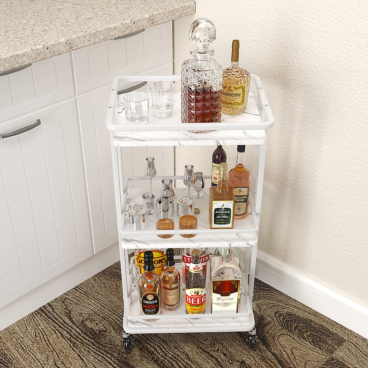 XYZLVSI 3-Tier Rolling Serving Bar Cart, Wood and Metal Kitchen Island Storage Cart with Wheels, Multifunction Utility Drink Cart Storage Rack for Home, Kitchen, Bar, Dinning Room, Living Room (White)