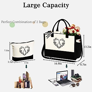 YOOLIFE Canvas Tote Bag for Women - Monogram Initial Beach Tote Bag with Zipper Makeup Bag for Women Her Mom Friend Female Sister Bridesmaid Girlfriend Wife, Personalized Birthday Gifts for Women R