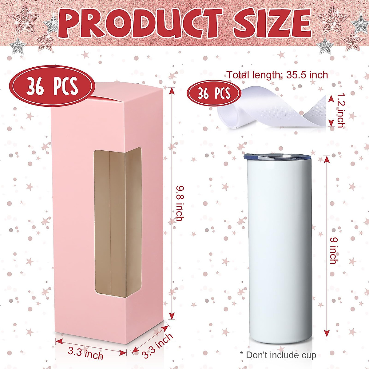 Tenceur 36 Pcs Tumbler Box Gift Boxes for Sublimation Tumbler Shipping 3.3 x 3.3 x 9.8 Inch Transparent Exhibition Box for 12 20 30 oz Heat Press Sublimation Blanks Tumbler Wrap (Rose Gold Color)