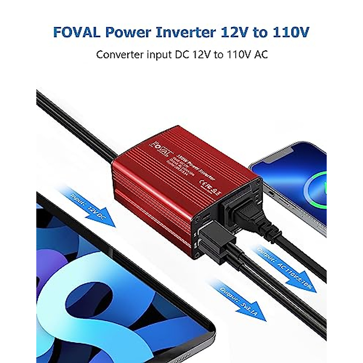 FOVAL 150W Car Power Inverter 12V DC to 110V AC Converter Vehicle Adapter Plug Outlet with 3.1A Dual USB Car Charger for Laptop Computer