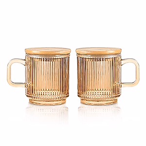 Joeyan Amber Glass Coffee Mugs Set of 2-11.5 oz Striped Coffee Cups with Lid - Large Drinking Glasses with Handle for Latte, Coffee, Tea, Milk, Juice