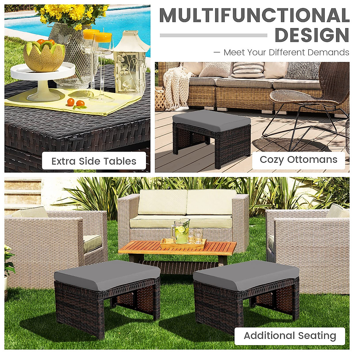 ORALNER Outdoor Ottoman, Set of 2 Wicker Footstools, All-Weather Rattan Foot Stools w/Removable Cushions, Patio Footrest Extra Seating for Porch, Poolside, Garden, Deck, Easy Assembly (Gray)